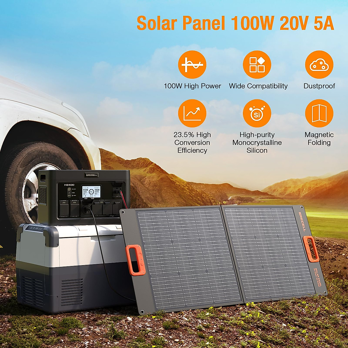 GRECELL Portable Power Station 2400W Solar Generator with 2 * 100W Solar Panel, 1843Wh UPS Backup LiFePO4 Battery Power Supply with 11 Outlets(4 2400W AC Outlets,2 PD100W) for Home CPAP Camping RV