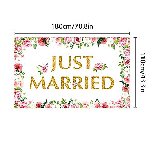 LOONELO Just Married Wedding Backdrop,Wedding Party Banner with 70.8 X43.3 inch, Floral Bridal Shower Backdrop Banner Sign for Bridal Shower Wedding Engagement Party Decorations Photography Background