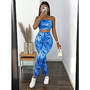 OYOANGLE Women's 2 Pieces Outfit Marble Print Crop Tube Top and High waist Legging Workout Yoga Set Royal Blue XS