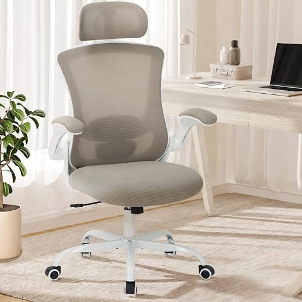 Ergonomic Mesh Office Chair, High Back Executive Desk Chair with Adjustable Headrest and Lumbar Support, Flip-Up Arms, Rocking, Swivel Rolling Computer Mesh Chair for Home Office-Khaki