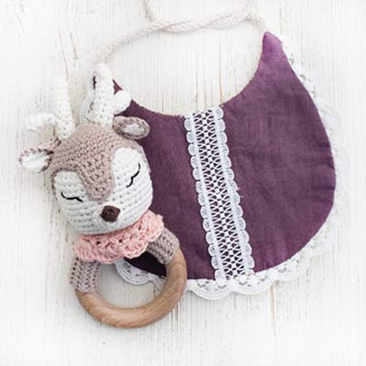 Natural Crochet Teether Toy Rattle for Baby Forest Friends Amigurumi Crochet Bunny Deer Fox on Natural Wooden Teething Ring Rattle (Honey Deer)