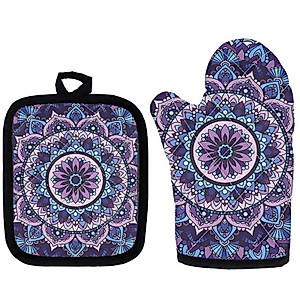 Snilety Boho Mandala Floral Oven Mitts and Pot Holders Sets of 2 Heat Resistant Hot Pads Women Cooking Gloves Purple Handling Kitchen Cookware Bakeware BBQ