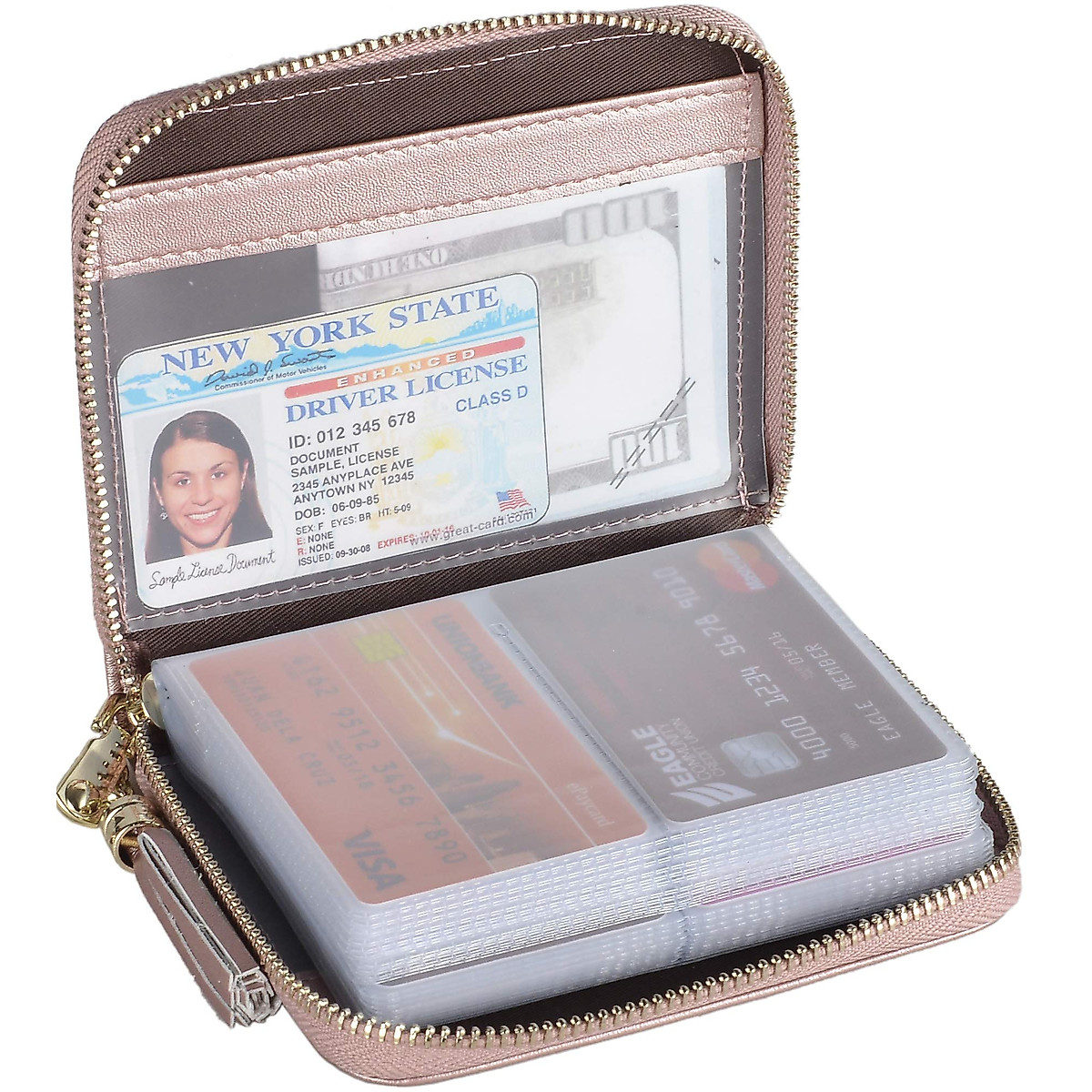 Easyoulife Womens Credit Card Holder Wallet Zip Leather Card Case RFID Blocking (Rose Gold)