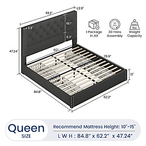 BRELTAM Queen Size Bed Frame with Storage Drawers and Headboard Linen Upholstered Platform Bed Tufted Bed Frame with Wood Slats Support, Noise-Free, Dark Grey