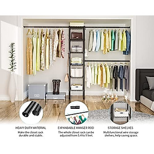 Ulif M1 Closet Storage Organizer System, 6 Tiers Heavy Duty Metal Clothing Garment Rack with 3 Expandable Hanger Rods, Wall Mounted Space Saver Suits from 3.3-8.7 ft. Width, 71.2”H x 14”D, Black