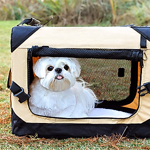 Pettycare 30 Inch Collapsible Dog Crate for Medium Dogs, 4-Door Foldable Soft Dog Kennel with Chew Proof Mesh Windows, Indoor & Outdoor Travel Dog Crate, Soft Side Dog Crate,Beige