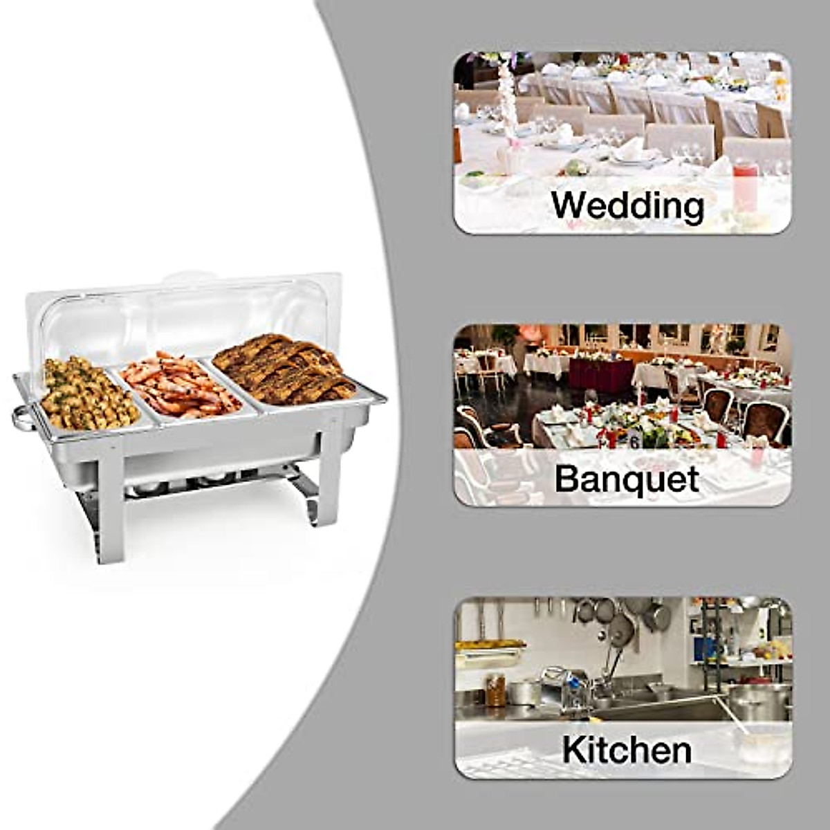 Restlrious Chafing Dish Buffet Set with Roll Top Plastic Cover, Stainless Steel 8 QT Rectangular Chafers and Buffet Warmers Set w/3 Third Size Food Pan, Water Pan, Fuel Can for Catering Event Party