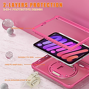 Batianda Case for iPad Mini 6 8.3 Inch 2021 with Pencil Holder Heavy Duty Rugged Shockproof Tablet Cover with 360° Rotating Hand Strap Foldable Hidden Stand & Shoulder Strap, Pink