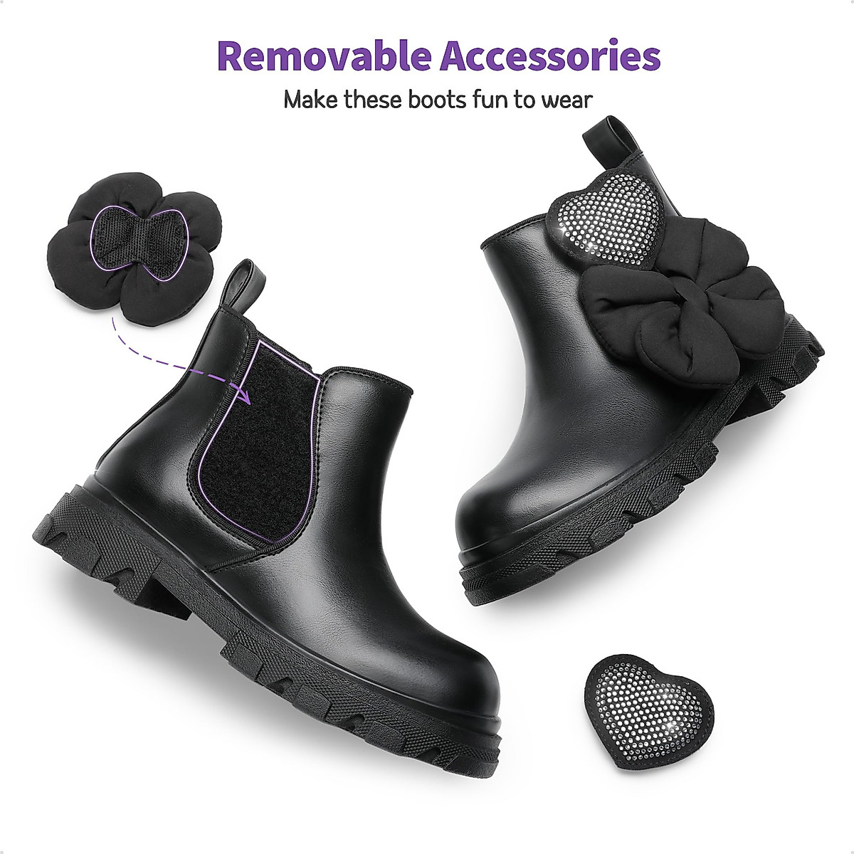 DREAM PAIRS Girls Chelsea Boots Side Zipper Interchangeable Accessories Ankle Booties SDBO2301K BLACK Size 2 little_kid