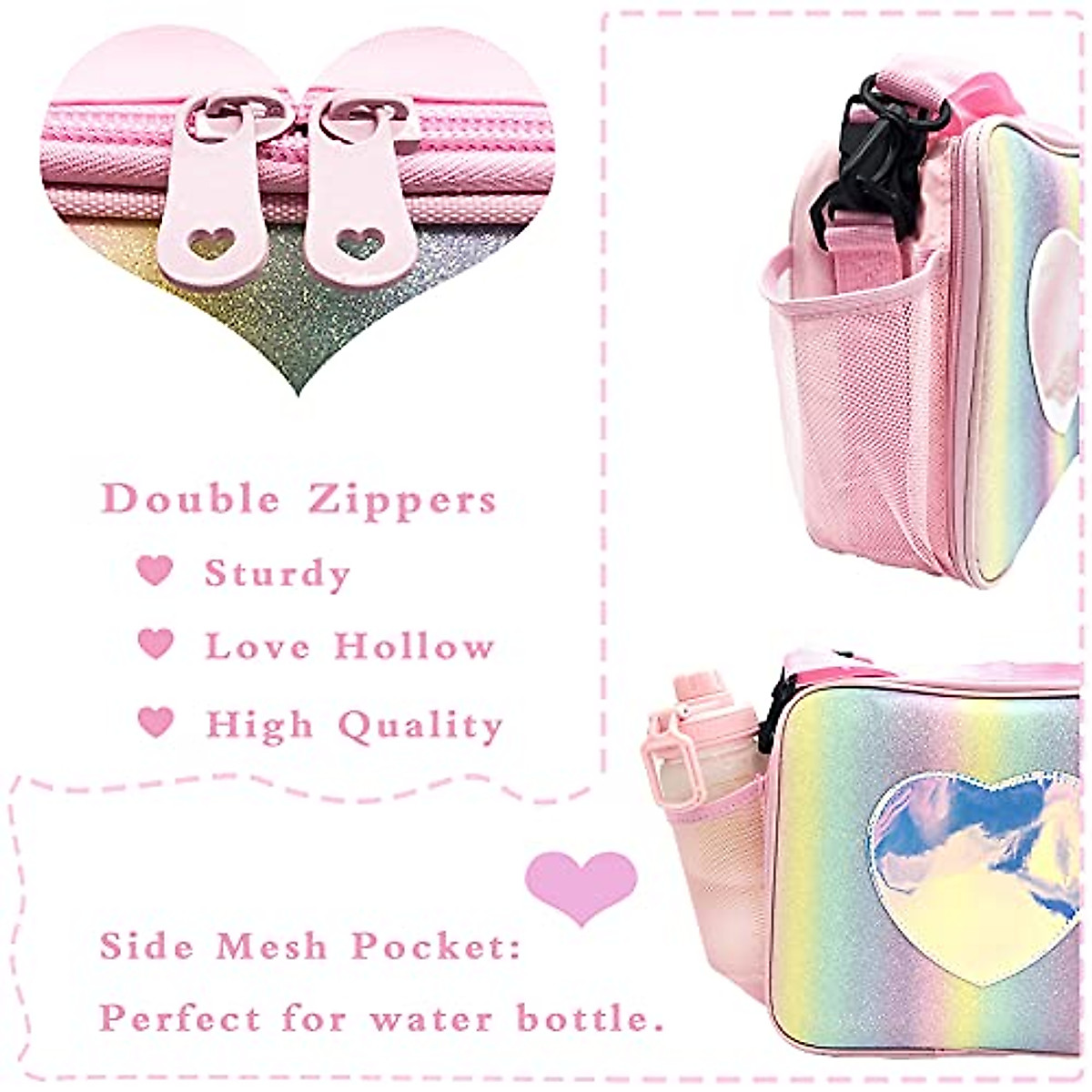 Girls Lunch Box,Insulated Rainbow Tote Bag,Lunch Bag for Kids,Rainbow Lunch Box for Girls School Picnic Travel Outdoor,Pink