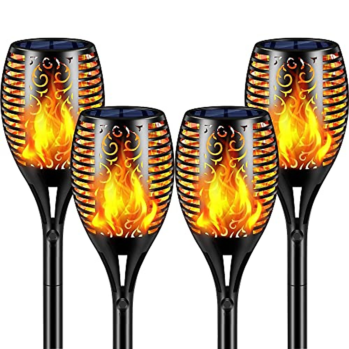 Fuurin LED Solar Torch Lights, 4Pack 96LED Solar Tiki Torches Landscape Decoration, Solar Pathway Lights for Garden Patio Driveway (96LED 4Pack, Warm White)