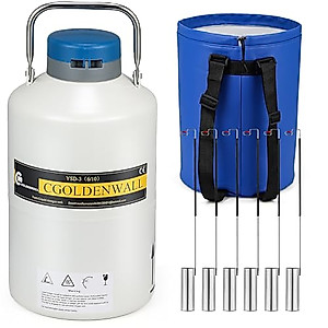 CGOLDENWALL 6L Cryogenic Container Liquid Nitrogen LN2 Tank Dewar Liquid nitrogen dewar Aluminum Alloy with 6 Canisters and Carry Bag
