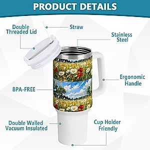 Bokkoy An Oil Painting Of Wildflowers 40oz Tumbler with Handle and Straw Stainless Steel Tumbler with Lid Reusable Vacuum Insulated Cup