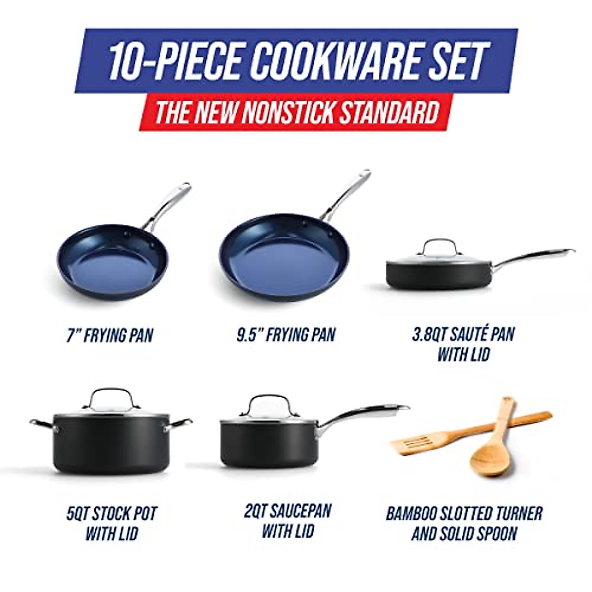 Blue Diamond Cookware Hard Anodized Ceramic Nonstick, 10 Piece Cookware Pots and Pans Set, PFAS-Free, Dishwasher Safe, Oven Safe, Grey