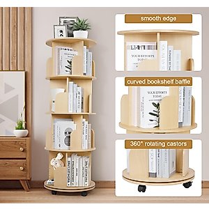 tonchean 4 Tier Rotating Bookshelf Tower,Wood Revolving Bookcase with Wheels Vertical Kids Toddler Bookshelf with Storage,Corner Display Bookshelf Rack for Library Study Office Living Room