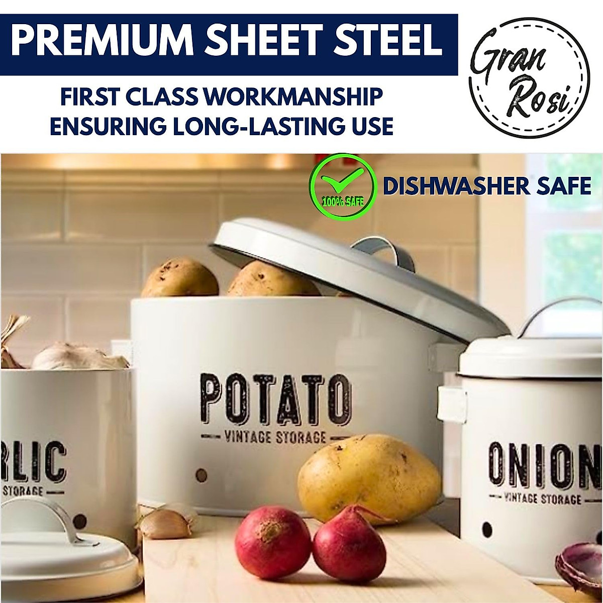 Granrosi Potato Storage For Pantry, Canister Sets for the Kitchen Counter, Onion Storage Containers, Garlic Keeper For Counter, Potato and Onion Storage Bin, Onion Keeper, Potato Bin, Potatoes Storage