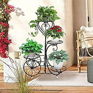 CEFZUM Plant Stand Indoor Outdoor, Metal 4 Tier Plant Shelf Flower Pot Holder Display Racks - Wrought Iron Corner Multiple Planter Rack Organizer for Garden Patio Lawn Balcony Office Black