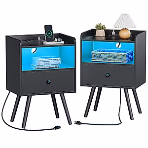 Huuger Nightstand with Charging Station and LED Lights, Bed Side Tables Set of 2, End Tables with Drawer, Side Table with Solid Wood Feet, Open Storage Space, for Bedroom, Black