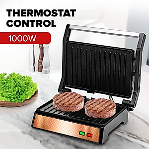 Ovente Electric Indoor Panini Press Grill with Non-Stick Cooking Plate, 1000W Thermostat Control and Removable Drip Tray for Easy Clean, Ideal 2-Slice Sandwich Maker for Breakfast, Copper GP0620CO