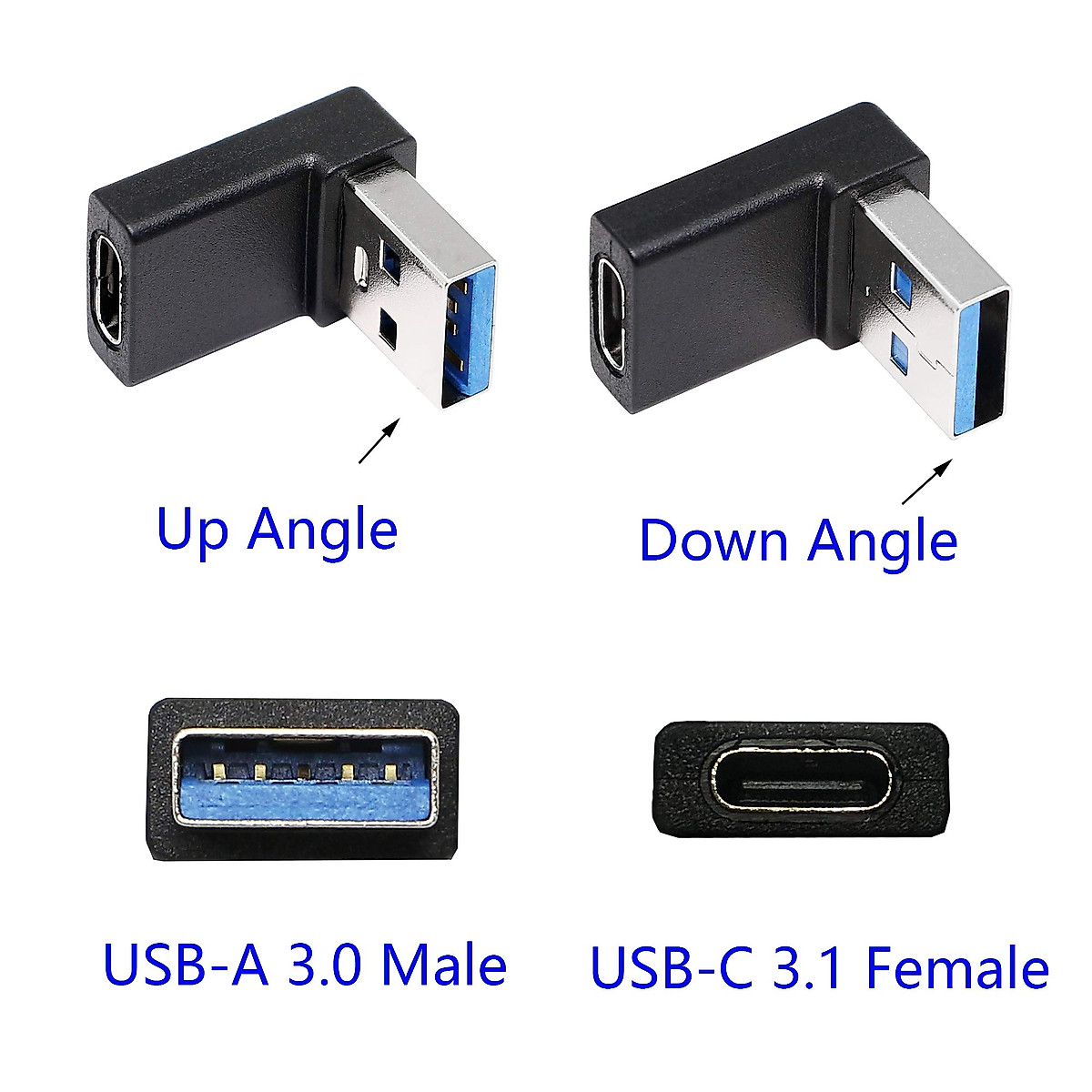 CERRXIAN Right Angle USB C to USB A Adapter, Up Angle & Down Angle USB A 3.0 Male to USB Type C 3.1 Female Connector Adapter for Laptops, Wall Chargers, Power Banks(2-Pack)