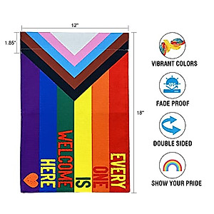 FLAGWIN Progress Pride Flags EVERYONE IS WELCOME HERE 12x18 LGBTQ Garden Rainbow Pride Flag with Vivid Color and Durable Nylon, Inclusive Gay Outdoor Flag for Yard Lawn Wall or Room(Stand not included)