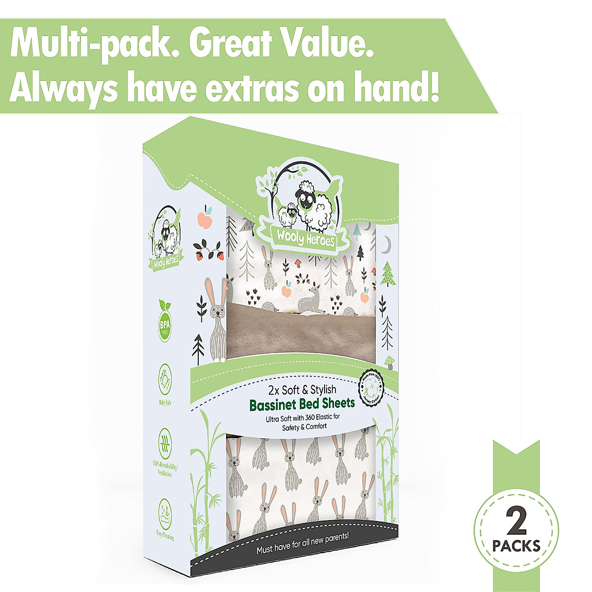 WOOLY HEROES MagicFit Bassinet Sheets: Adaptable 2-Pack for Baby Girls & Boys - Ultra-Soft, Versatile Fit for Halo, Hourglass, Rectangle & Oval Mattresses - Charming Woodland Design