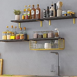 Fixwal 4+1 Tier Floating Shelves Rustic Wood Wall Mounted Shelf, Bathroom Shelves Over Toilet with Wire Storage Basket, Farmhouse Wall Decor for Bedroom, Kitchen, Living Room and Plants (Black Gold)