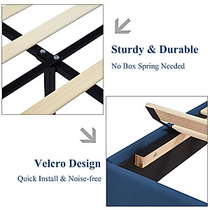 VECELO Queen Size Bed Frame with Adjustable Headboard, Upholstered Button Tufted Platform Bedframe with Wood Slats Support, No Box Spring Needed, Dark Blue