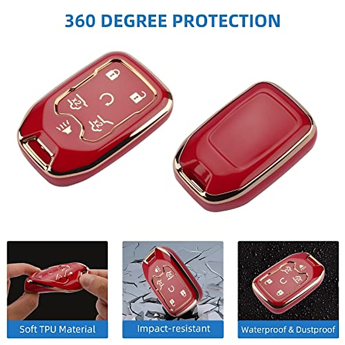 Jimtyee for GMC Key Fob Cover with Leather Lanyard Keychain Key Fob Case Shell Protection for Chevy Silverado Tahoe Suburban GMC Sierra Yukon Smart Remote Key Protector(Red)