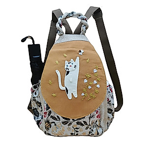 HUANGGUOSHU Backpack Purse for Women - Boho Style Small Convertible Sling Bag with Woven and Mushroom Design - Perfect Mini Backpack for Fashionable Hippie Ladies Cat