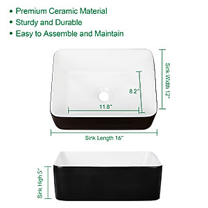 KGAR Rectangular Bathroom Sink, 16" x 12" Above Counter Porcelain Ceramic Vessel Sink with Faucet and Pop up Drain Combo, White and Black