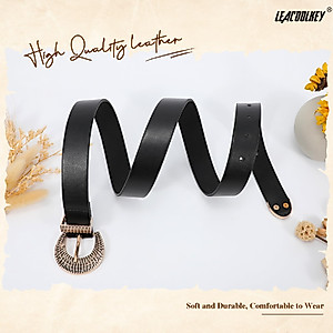 LEACOOLKEY Western Leather Belt for Women Vintage Design Buckle Waist Belt for Jeans Dress