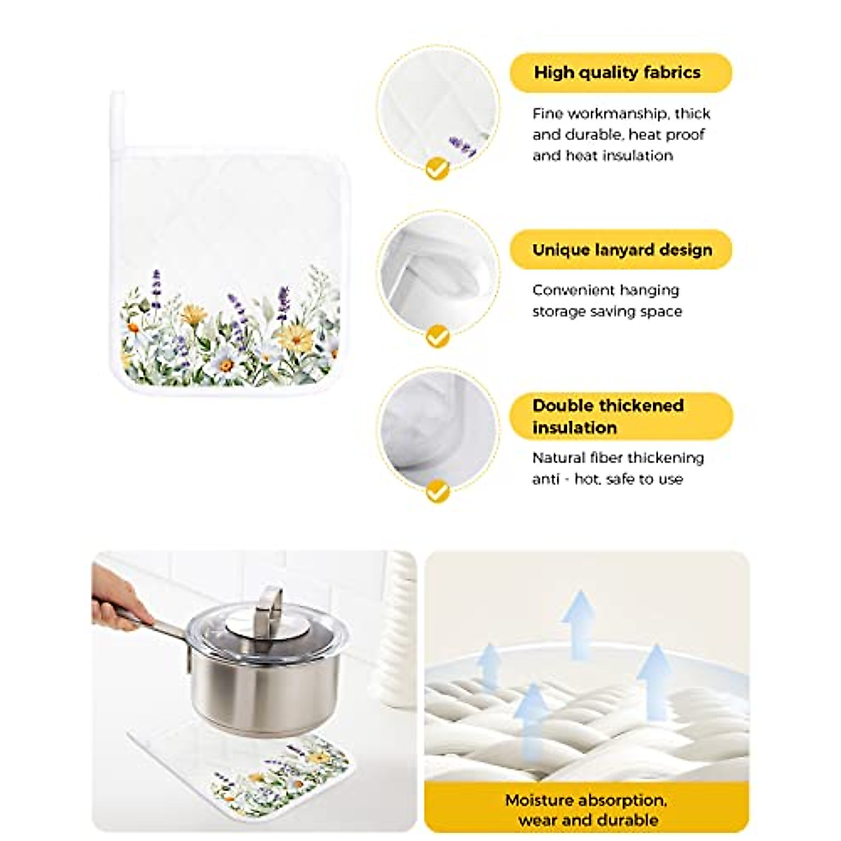 4Pack Pot Holders Cotton Heat Resistant Oven Hot Pads, Daisy Lavender Flowers Potholder Cloth Potholders for Daily Kitchen Baking and Cooking with Hanging Loops - Spring Summer Floral Green Leaves