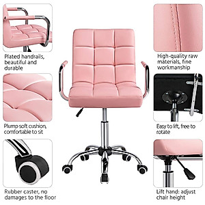 Yaheetech Desk Chairs with Wheels/Armrests Modern PU Leather Office Chair Height Adjustable Home Computer Executive Chair on Wheels 360° Swivel - Pink