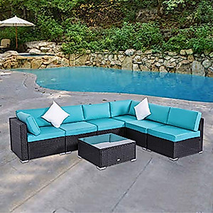 Kinsunny Peach Tree 7 PCs Outdoor Patio Furniture Sets PE Rattan Wicker Sofa Sectional Furniture Set with 2 Pillows and Tea Table