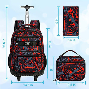 FTJCF 3PCS Rolling Backpack for Boys, 19 Inche Adults Roller Bag with Wheels, Graffiti Wheeled Bookbag Set for Men(Red)
