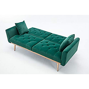 NOSGA Velvet Sofa Bed Convertible Sleeper Sofa, Modern Tufted Sofa Bed with 2 Throw Pillow, Adjustable Folding Accent Sofa Rose Gold Metal Feet for Living Room Bedroom (Green)