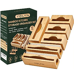 YOLYN Bamboo Kitchen Drawer Organizer Box - Baggie, Foil, Plastic & Wrap Food Storage with Dispensers & Cutters for Gallon, Quart, Sandwich & Snack Bags - 6 Pices set