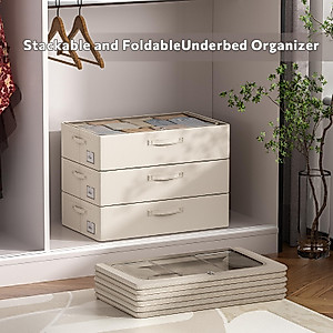 3Pcs Under Bed Storage Bins with Metal Frame - Shoe Organizer for Closet with Clear Cover Oxford Fabric Sturdy Underbed Container Foldable Stackable Clothes Organizer (Beige, 23.5x11.8x6.3)