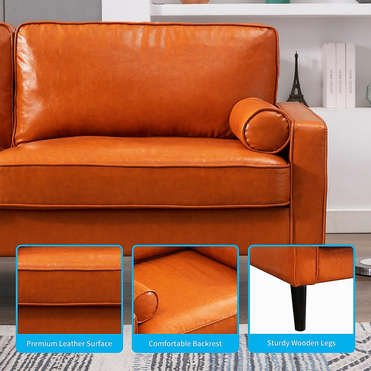 Mjkone 76" Upholstered 3 Seats Sofa, Cognac PU Leather 3-Seater Sofa Chair with Bolster Cushions, Faux Leather Brown Room Furniture, Modern Sectional Sofa Couch for Home Living Room/Apartment/Office