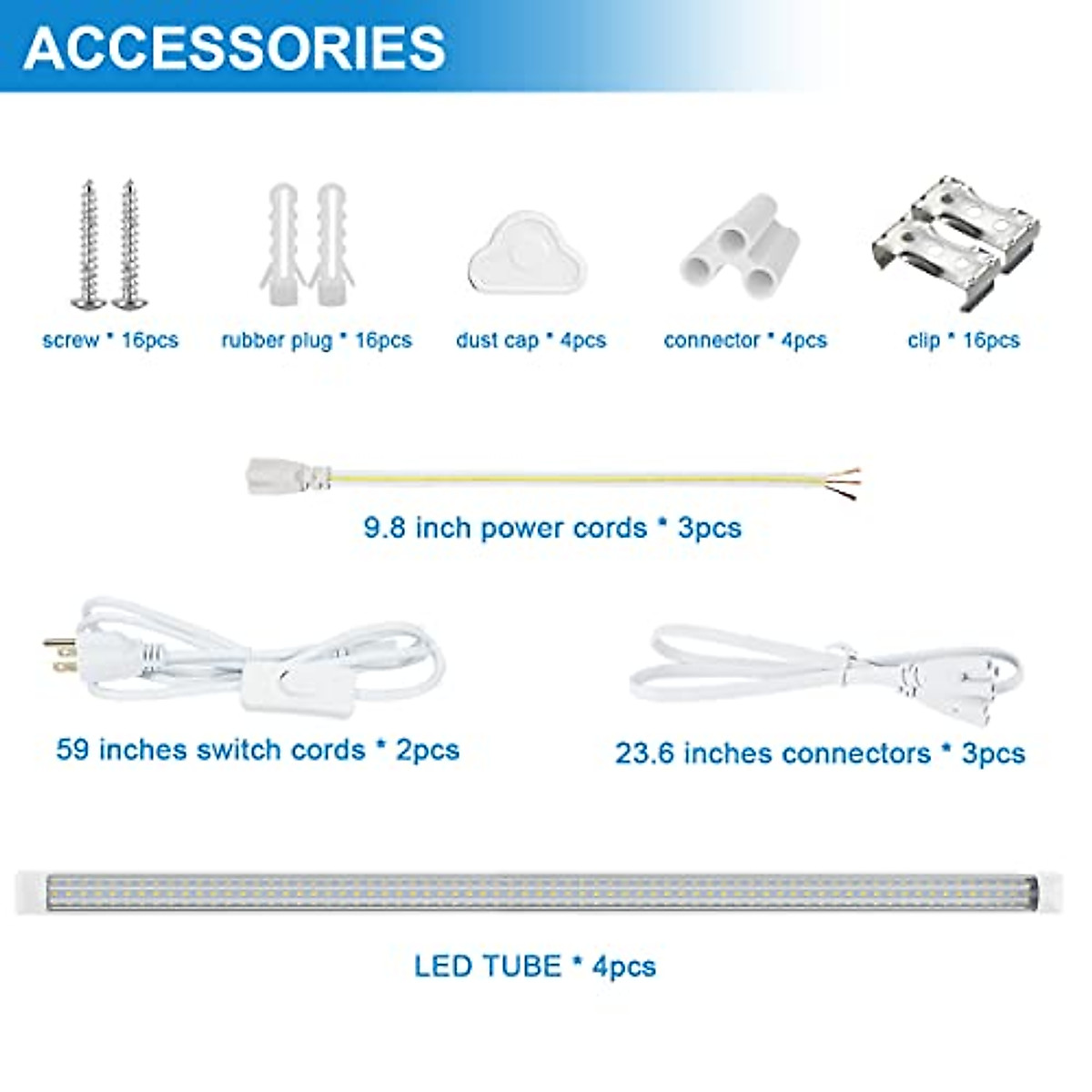 SHOPLED 8FT LED Shop Light Fixture, 90W 11700LM 6000K Cool White, D Shape, High Output, Clear Cover, T8 Linkable 8 Foot LED Tube Light for Garage with Plug, Warehouse, Workshop, 4 Pack