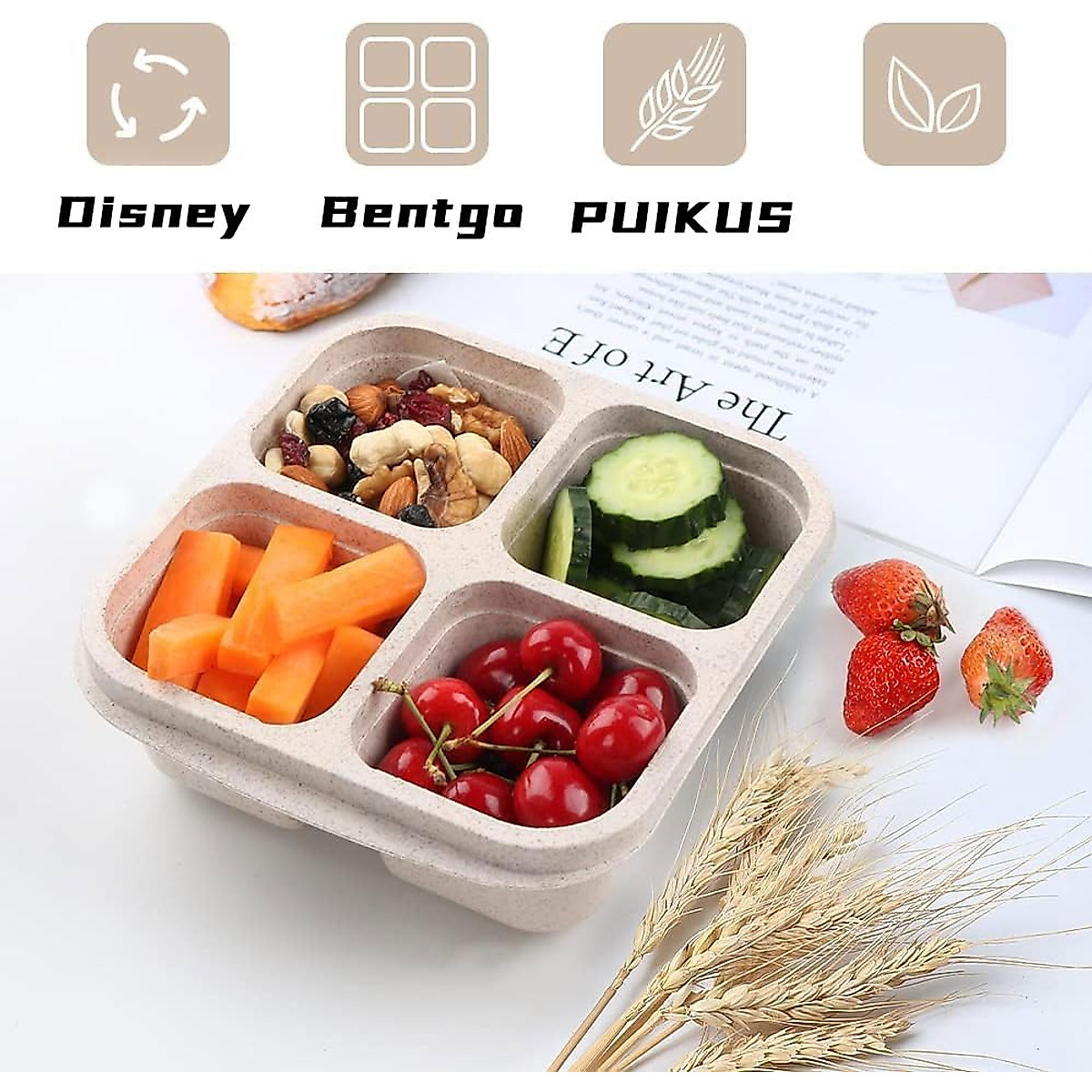 TurtingAs Snack Containers, 4 Pack Reusable Bento Snack Box, 4 Compartments Meal Prep Lunch Containers for Kids Adults, Divided Food Storage Containers for School Work Travel