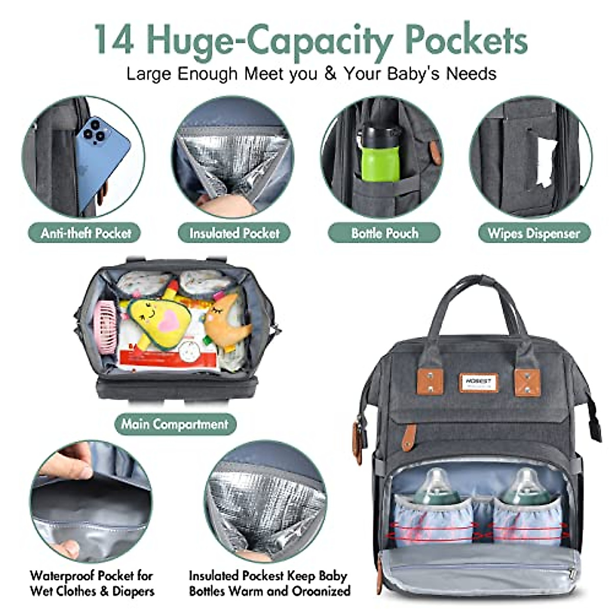 HOBEST Diaper Bag Backpack, Multifunction Large Travel Diaper Bag with Changing Pad and USB Charging Port for Moms Dads, Waterproof Unisex Baby Bag for Boys Girls, Baby Registry Search Shower Gifts