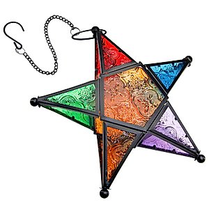 Modern Morocco Metal Art Candle Holders, Star Colorful Glass Christmas Holiday Home Wall Decor Lantern for Mantel Patio Garden with Hanging Loop- Black