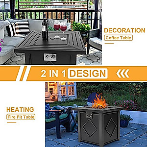 Gas Fire Pit Table, hOmeHua 28 inch Square Auto-Ignition Outdoor Propane Firepit with Cover and Lava Rock,Thick & Strong Striped Steel Tabletop,2 in 1 Fire Table for Patio/Backyard/Party/Deck (Black)