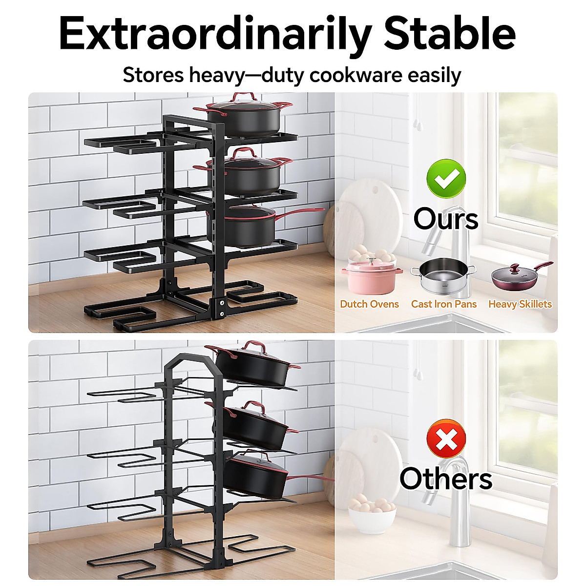 Pots and Pans Organizer, 8 Tier Pan Organizer Rack for Cabinet,Heavy Duty Pot and Pan Organizer for Under Cabinet, Adjustable Pan Lid Holder for Kitchen Pantry to Store Dutch Ovens, Cast-Iron Pans
