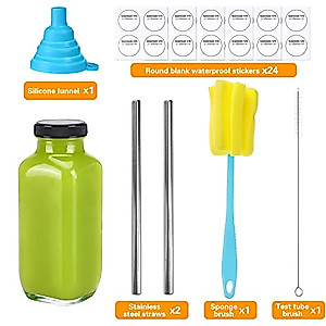 CUCUMI 24pcs 16oz Glass Juice Bottles with Lids, Reusable Vintage Glass Drinking Bottles with Blank Labels, Brush, Straws, Funnel for Storing Tea, Kombucha, Milk