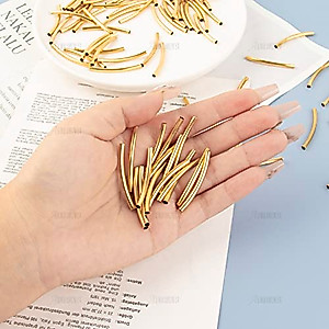 AUEAR, 100 Pack Plated Metal Smooth Long Curved Noodle Tube Spacer Loose Beads 3x50mm for DIY Necklace Bracelet Jewelry Making (Gold)