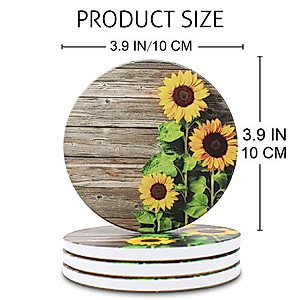 Sunflower Drink Coasters Set of 6 with Holder Absorbent Ceramic Coasters for Wooden Table, Farmhouse Rustic Coasters Cork Base Home Decor House Warming Gift