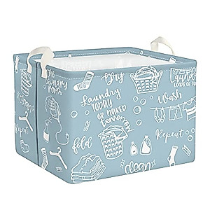 Clastyle Rectangular Blue Laundry Theme Storage Bins Waterproof Simple Fun Words Hanger Iron Laundry Basket Detergent Bubble Storage Basket for Toys Clothes Bedroom, 15.7x11.8x11.8 in